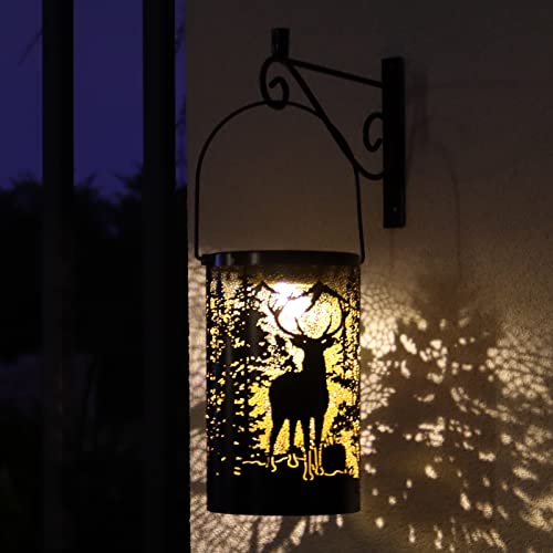 Solar Lanterns Outdoor Waterproof, Solar Hanging Lantern Lights Made of Metal Carved with Deer and Trees. LED Decorative Garden Light for Patio, Table, Pathway, Yard, Landscape