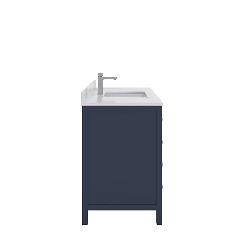 Ayna Decors Rooh 48 Inch Navy Blue Bathroom Vanity with Sink, Quartz Countertop, 2 Soft Closing Doors, and 7 Full Extension Drawers, Brushed Nickel Hardware