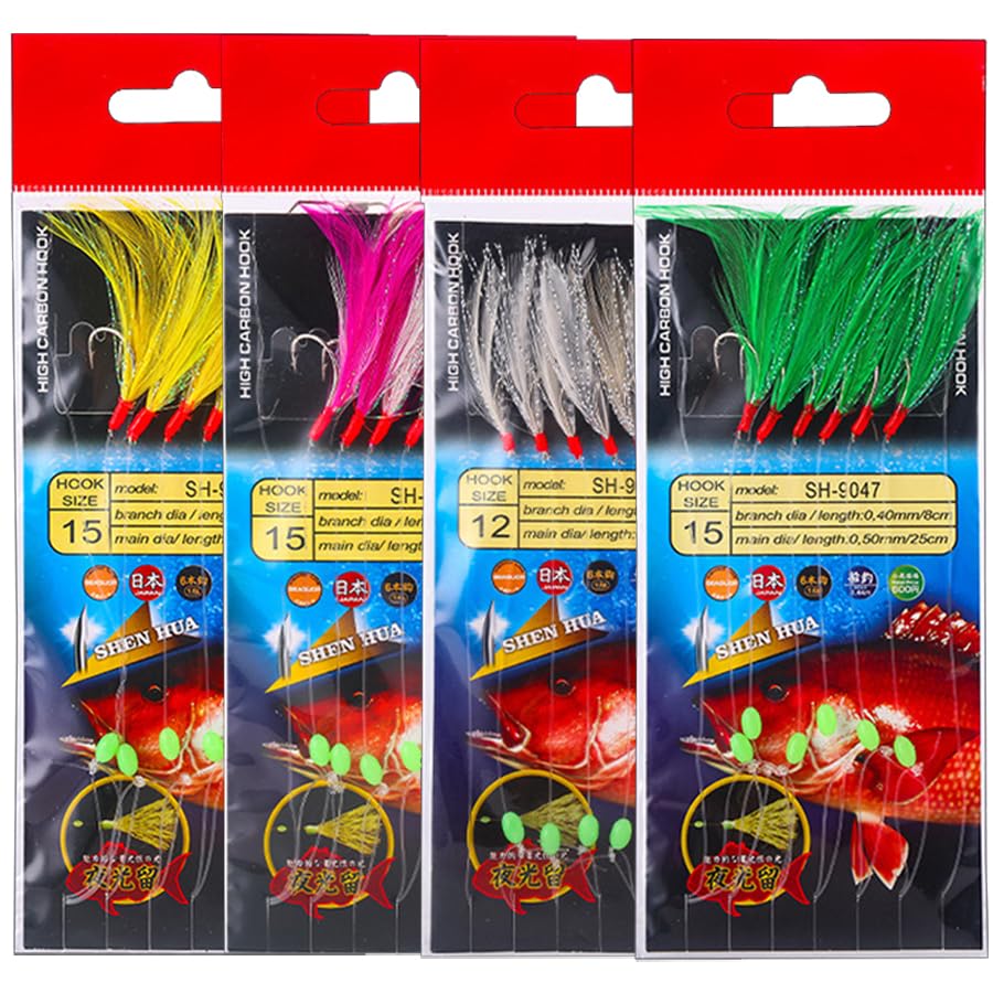 Fishing Rigs with Feathers Mackerel Feather Rigs 10Packs 60 Hooks Mackerel Feathers Sea Boat Beach Pier Lure Fishing Rigs 6 Hook Positions/Feather Rig 4 Colors Selection Pack (Yellow 15#,10Pack)