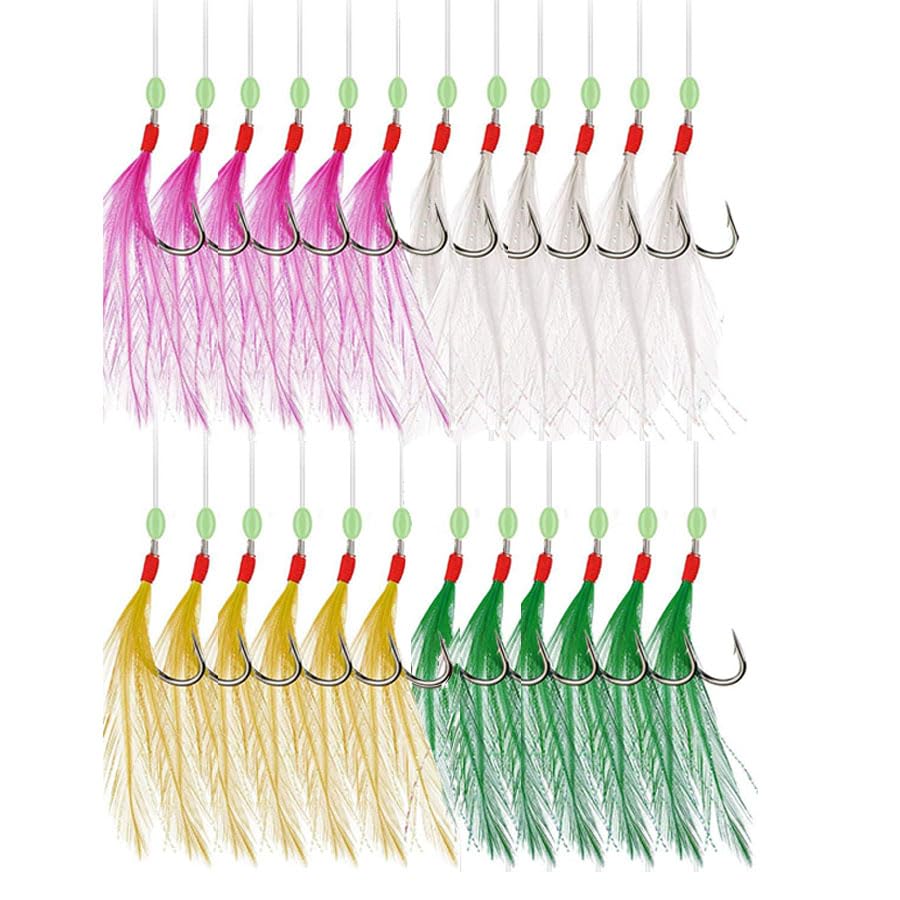 Fishing Rigs with Feathers Mackerel Feather Rigs 10Packs 60 Hooks Mackerel Feathers Sea Boat Beach Pier Lure Fishing Rigs 6 Hook Positions/Feather Rig 4 Colors Selection Pack (Yellow 15#,10Pack)