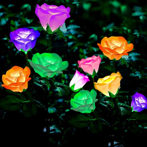 FELISHINE 2 Pack Outdoor Solar Lights,10 Large Rose Flowers Solar Realistic LED Garden Lights,Waterproof 7 Color Changing Solar Decorative Lights for Patio Pathway Courtyard Garden Lawn(Pink,White)