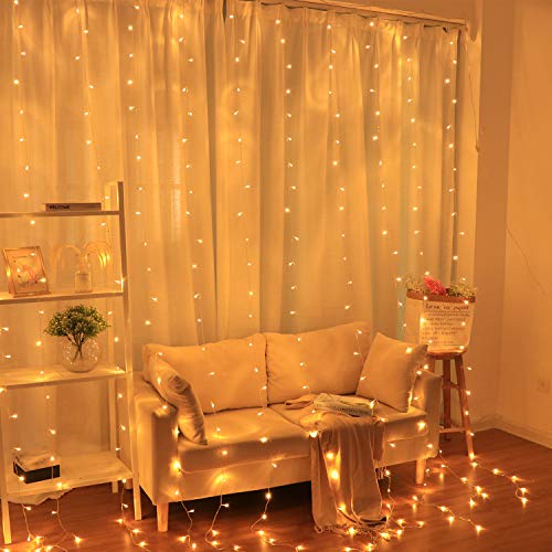 jar-owl Solar Curtain String Lights Waterproof 9.8FT*9.8FT 300 LED 8 Modes for Home /Garden /Patio Wedding /Christmas Party (Warm White)