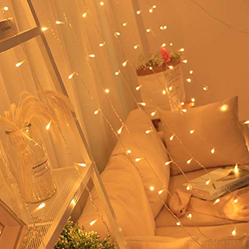 jar-owl Solar Curtain String Lights Waterproof 9.8FT*9.8FT 300 LED 8 Modes for Home /Garden /Patio Wedding /Christmas Party (Warm White)