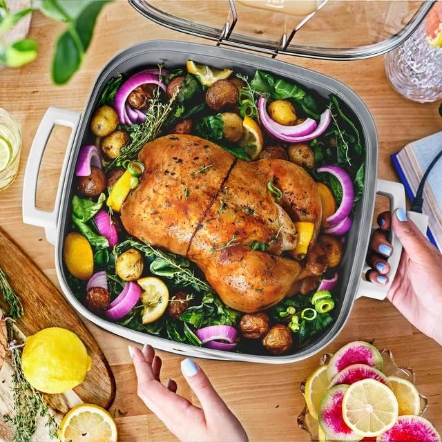 Thcbme 5 in 1 Electric Skillet - Expandable up to 7 Qt with Glass Lid (White Icing), 4SFSS1