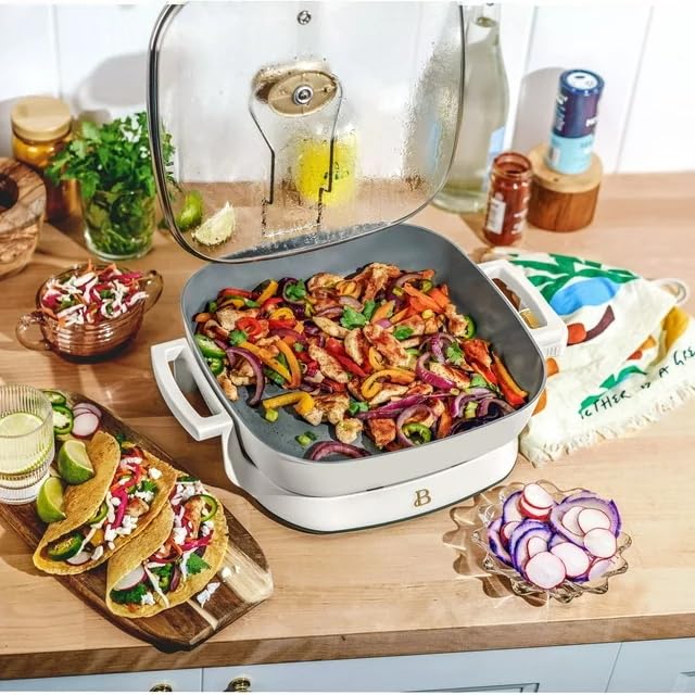 Thcbme 5 in 1 Electric Skillet - Expandable up to 7 Qt with Glass Lid (White Icing), 4SFSS1