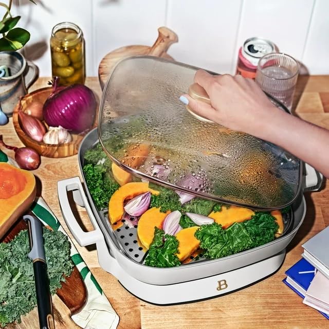Thcbme 5 in 1 Electric Skillet - Expandable up to 7 Qt with Glass Lid (White Icing), 4SFSS1