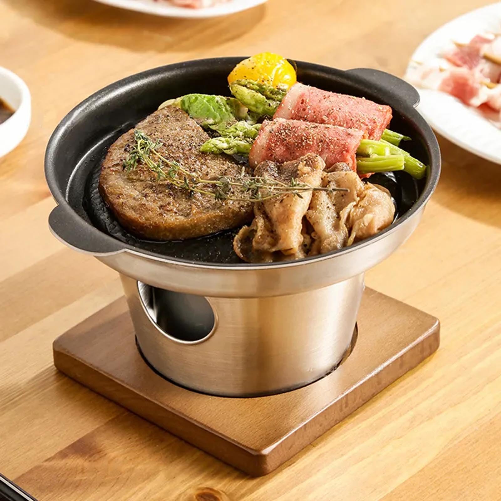 RSBFER Mini Barbecue Grill, Japanese Alcohol Stove Portable Smokeless Tabletop BBQ Grill with Wooden Base for Home, Camping