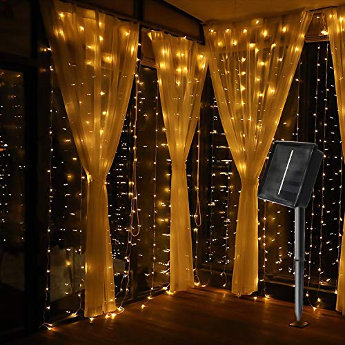 jar-owl Solar Curtain String Lights Waterproof 9.8FT*9.8FT 300 LED 8 Modes for Home /Garden /Patio Wedding /Christmas Party (Warm White)