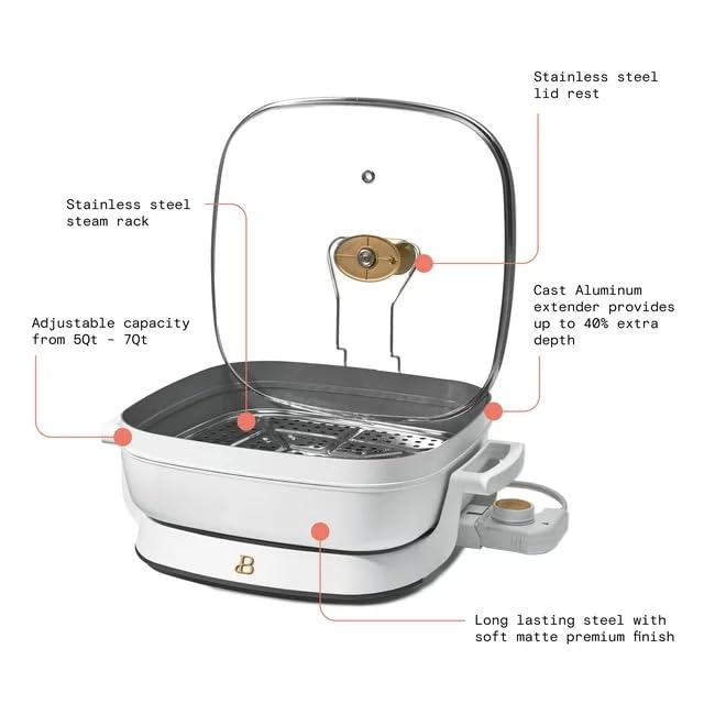 Thcbme 5 in 1 Electric Skillet - Expandable up to 7 Qt with Glass Lid (White Icing), 4SFSS1