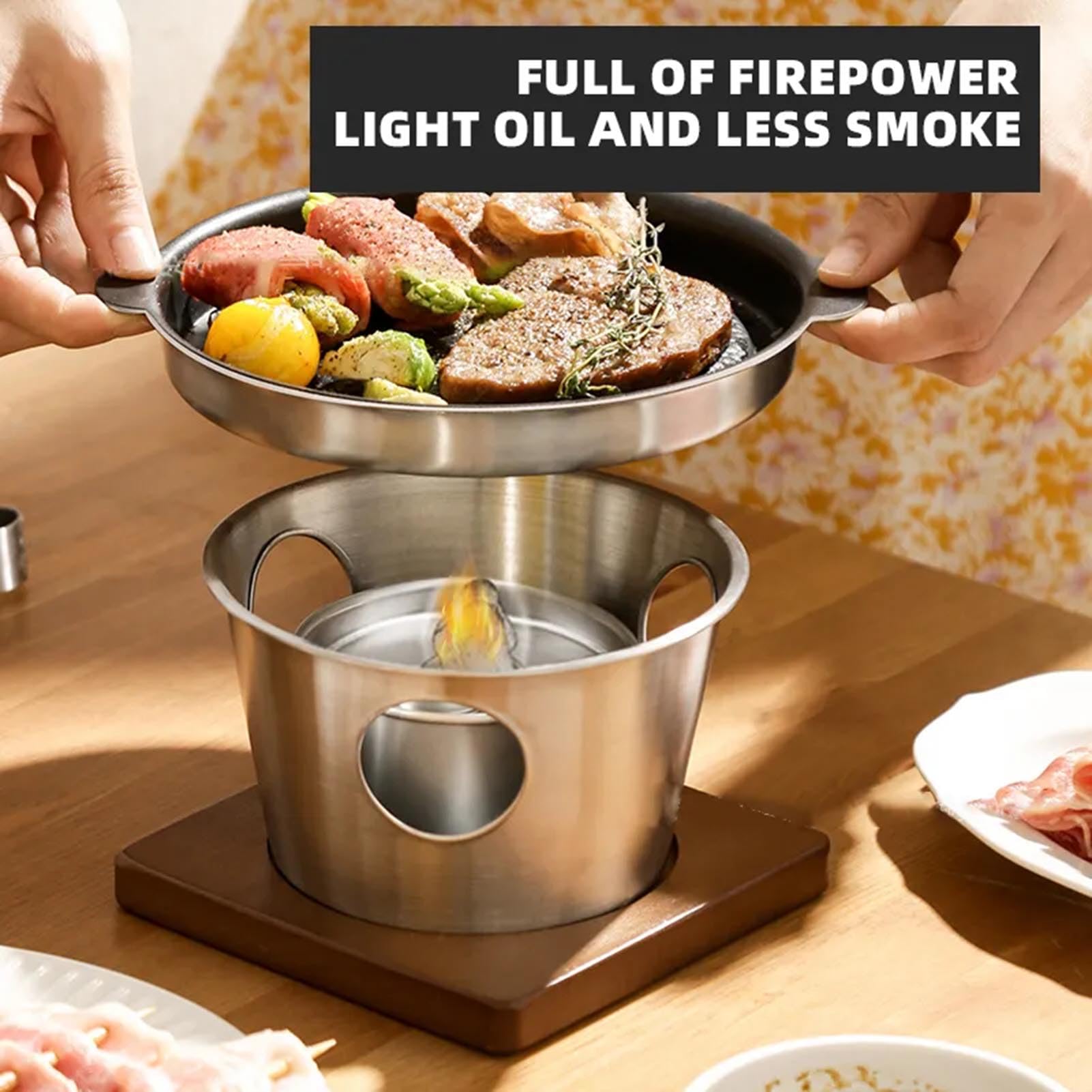 RSBFER Mini Barbecue Grill, Japanese Alcohol Stove Portable Smokeless Tabletop BBQ Grill with Wooden Base for Home, Camping