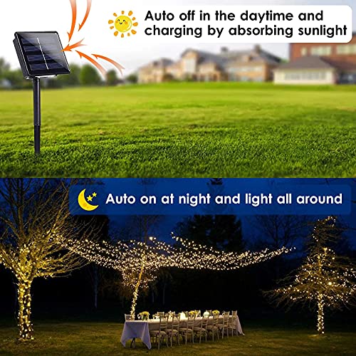 BHCLIGHT Super-Long 105FT 300 LED Solar String Lights Outdoor, Waterproof Solar Christmas Lights Outdoor with 8 Lighting Modes, Green Wire Solar Tree Lights for Patio, Garden, Party (Warm White)