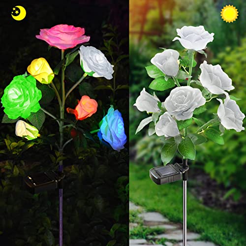 Janchs [Upgraded 7 Color Changing, with 7 Flower] Outdoor Rose Solar Garden Lights Outdoor Decorations, Memorial Day Flowers for Cemetery Garden Patio Porch Grave Christmas