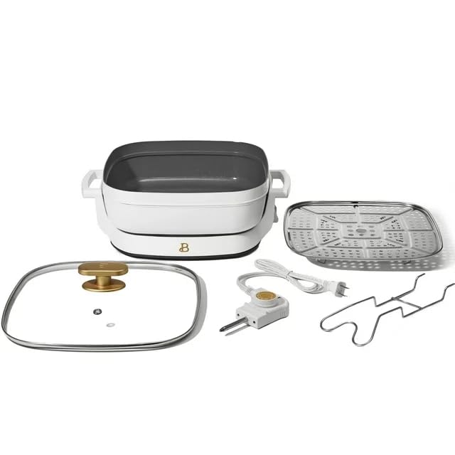 Thcbme 5 in 1 Electric Skillet - Expandable up to 7 Qt with Glass Lid (White Icing), 4SFSS1