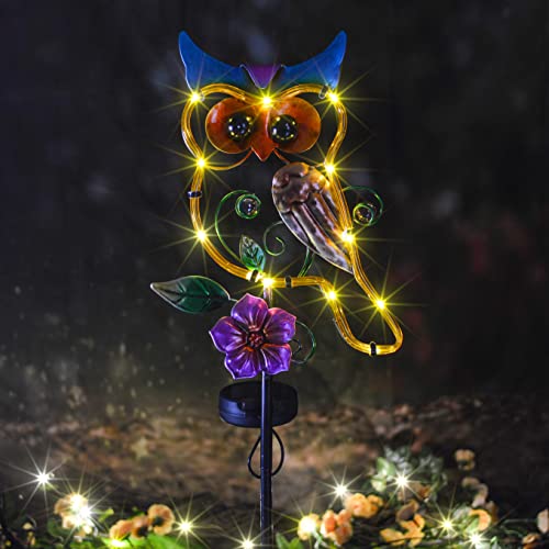 Elfengarden Garden Solar Lights Outdoor Decor - Metal OWL LED Decorative Garden Stake Lights for Walkway, Pathway, Yard, Lawn - Waterproof Solar Powered Patio Art Decor Lights