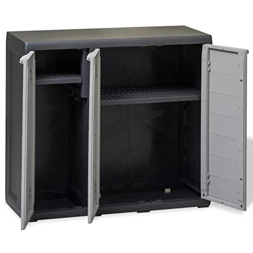 GOTOTOP Outdoor Garden Storage Shed,Low Garden Cabinet, Outdoor Cabinet with 2 Adjustable Shelves, Plastic Garden Storage Cabinet,97 x 38 x 87 cm