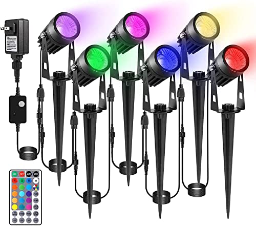 GreenClick RGB LED Landscape Lighting Low Voltage 6-in-1 with Remote, 16 Color Changing Landscape Lights 8 Modes IP65 Waterproof Outdoor Spotlights with Transformer for Holiday Garden House Outdoor