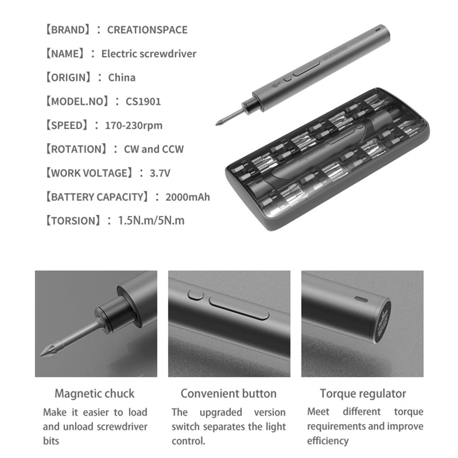 CS1901A Cordless Electric Screwdriver Kit 1.5Nm Mini Tools USB Charging 3.7V Electric Screwdriver Variable Speed Cordless Screwdriver Tool Rechargeable
