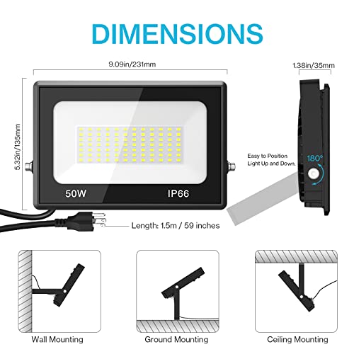 Olafus 2 Pack 50W LED Flood Light Outdoor, 5000LM Super Bright LED Work Lights Plug in, IP66 Waterproof Exterior Floodlight, 6500K Daylight White Security Light for Yard Lawn Garden