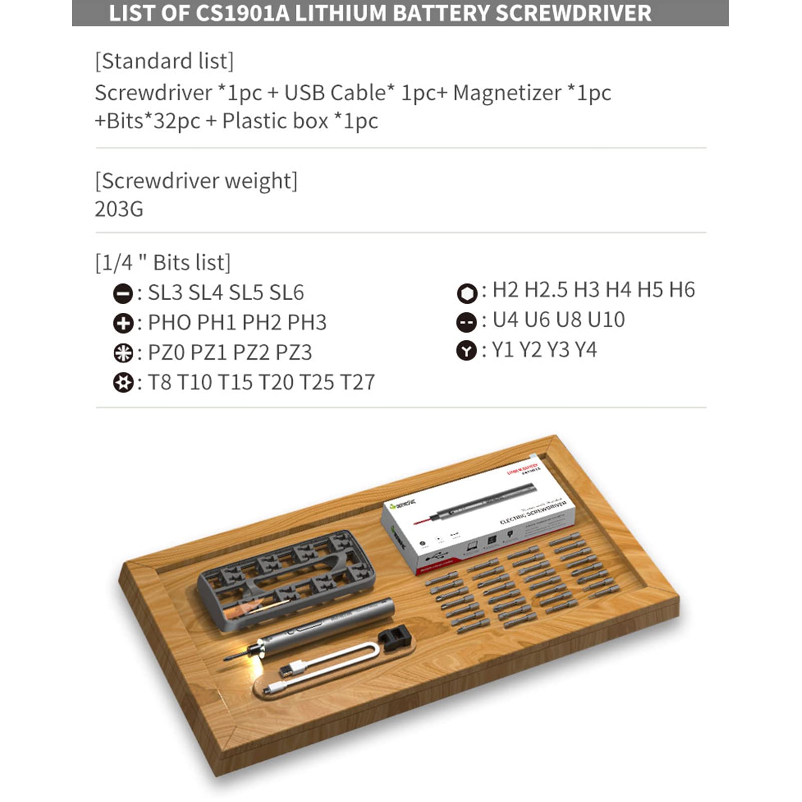 CS1901A Cordless Electric Screwdriver Kit 1.5Nm Mini Tools USB Charging 3.7V Electric Screwdriver Variable Speed Cordless Screwdriver Tool Rechargeable