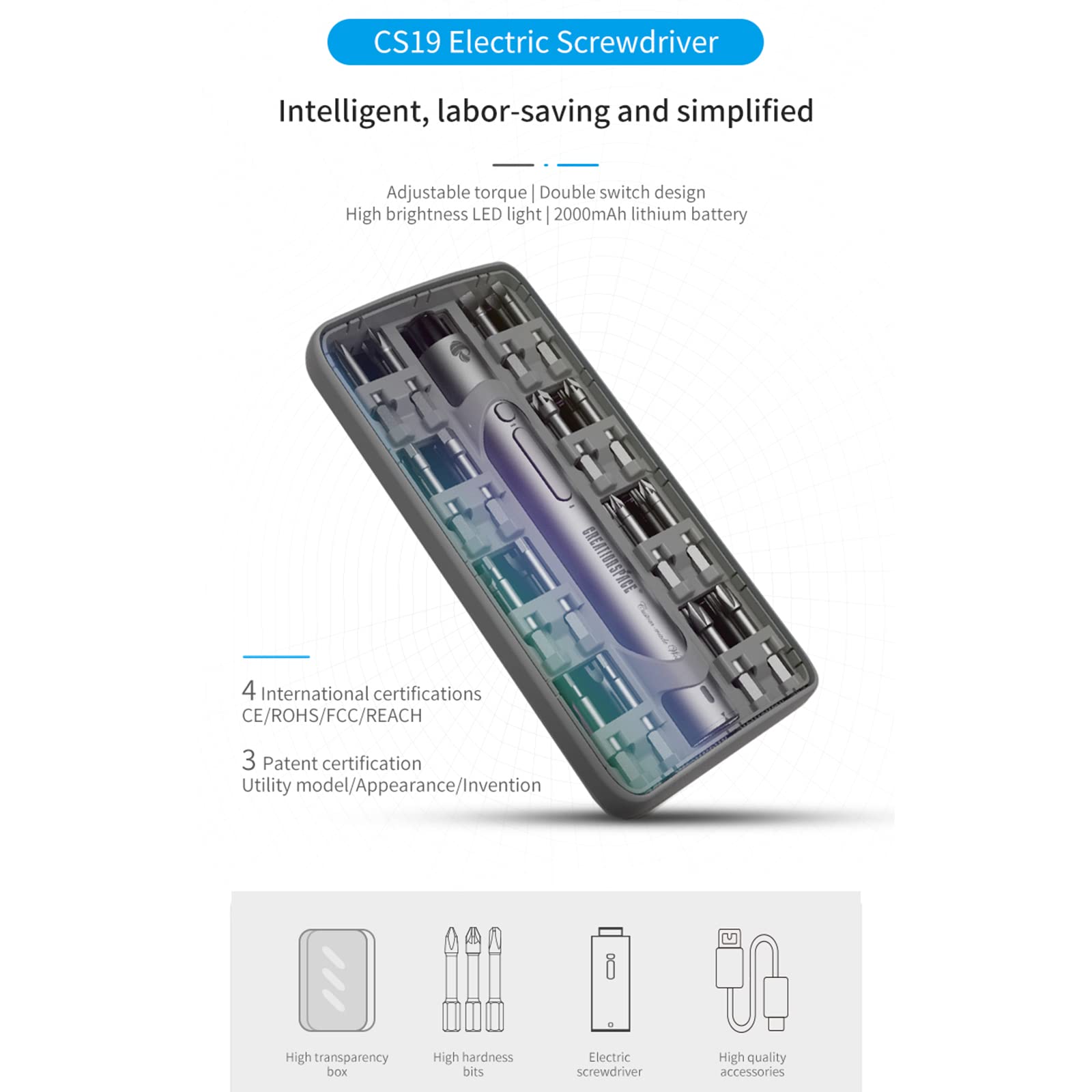 CS1901A Cordless Electric Screwdriver Kit 1.5Nm Mini Tools USB Charging 3.7V Electric Screwdriver Variable Speed Cordless Screwdriver Tool Rechargeable