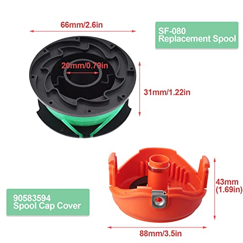 BOOTOP PIN SF-080 Replacement Spool SF-080-BKP for Black and Decker GH3000 LST540 GH3000R String Trimmer Weed Eater SF080 Auto Feed Spool Line 20ft 0.080" with 90583594 Cap Covers Parts