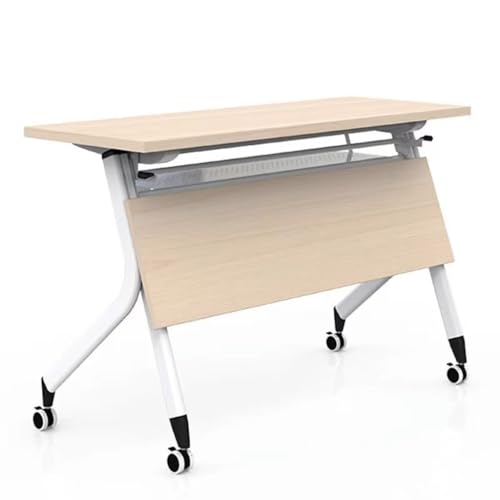Folding Desk With Storage Shelf, Silent Universal Wheels, Side Flip Desktop, Splicing Conference Table, Suitable For Office, Bedroom, Study, white maple ( Color : White maple , Size : 180*40*75cm )