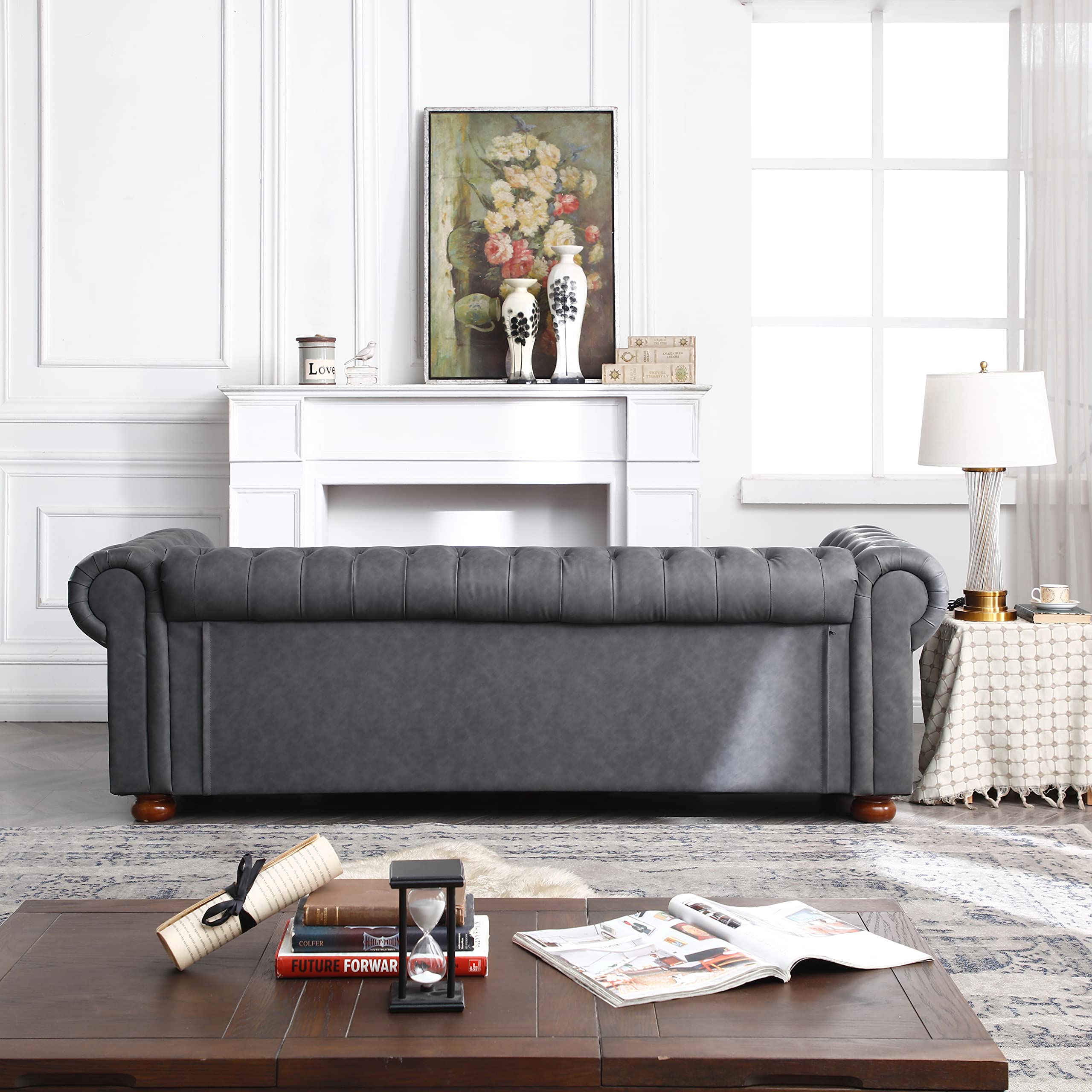 Lepfun Faux Leather Upholstered 3-Seater Living Room Button and Copper Nail on Arms, Classic Chesterfield Sofa, Dark Grey