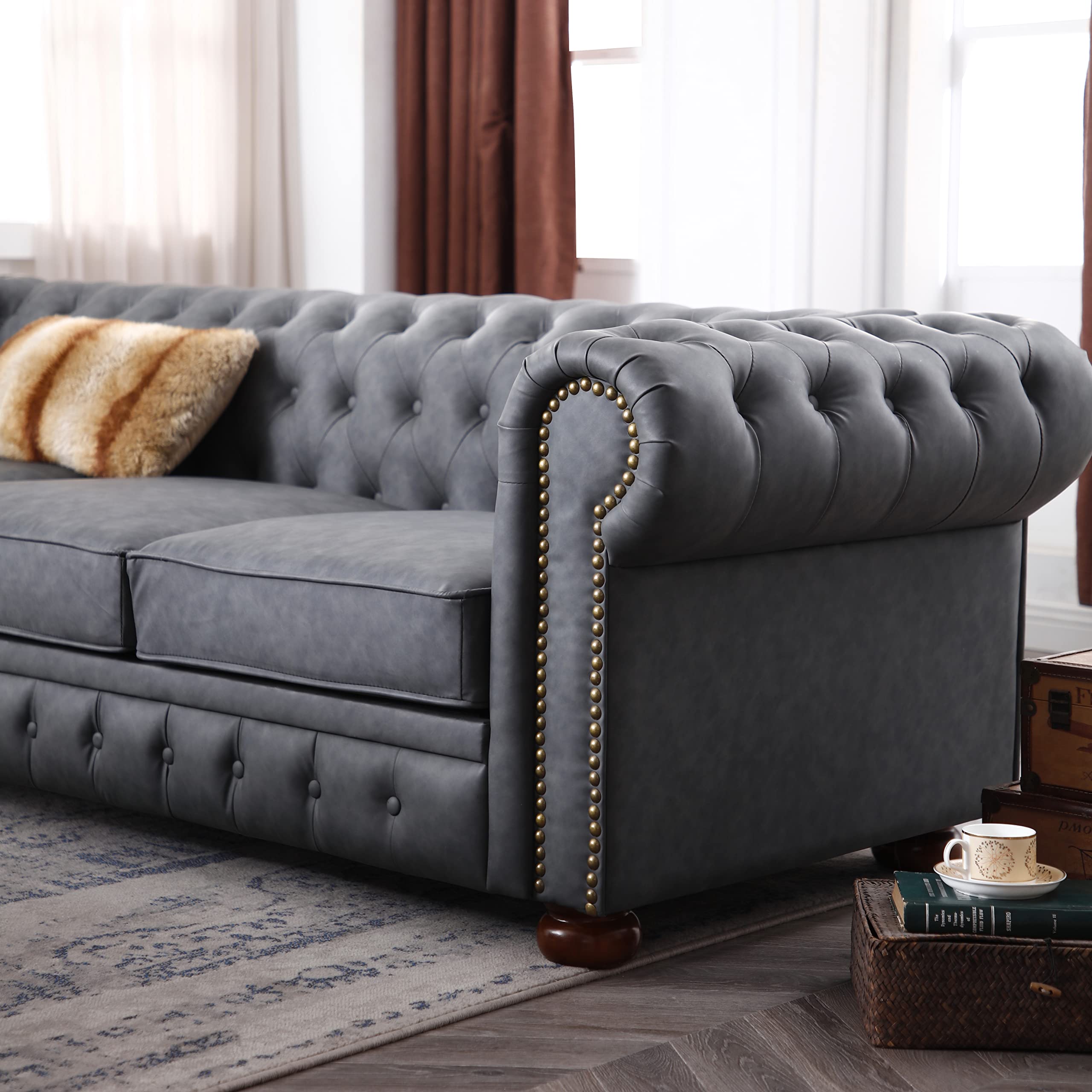 Lepfun Faux Leather Upholstered 3-Seater Living Room Button and Copper Nail on Arms, Classic Chesterfield Sofa, Dark Grey