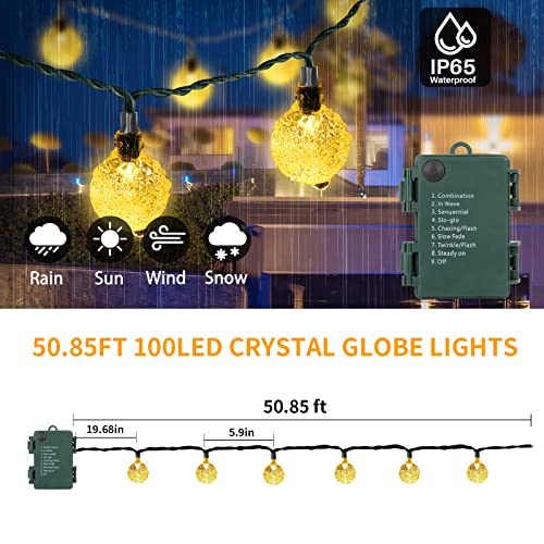 Goupfafa Battery Operated Globe String Lights, Outdoor String Lights 50.85FT 100 LED 8 Modes with Remote Timer Waterproof, Dimmable Christmas Lights Indoor Decor for Home Party Patio Garden Wedding
