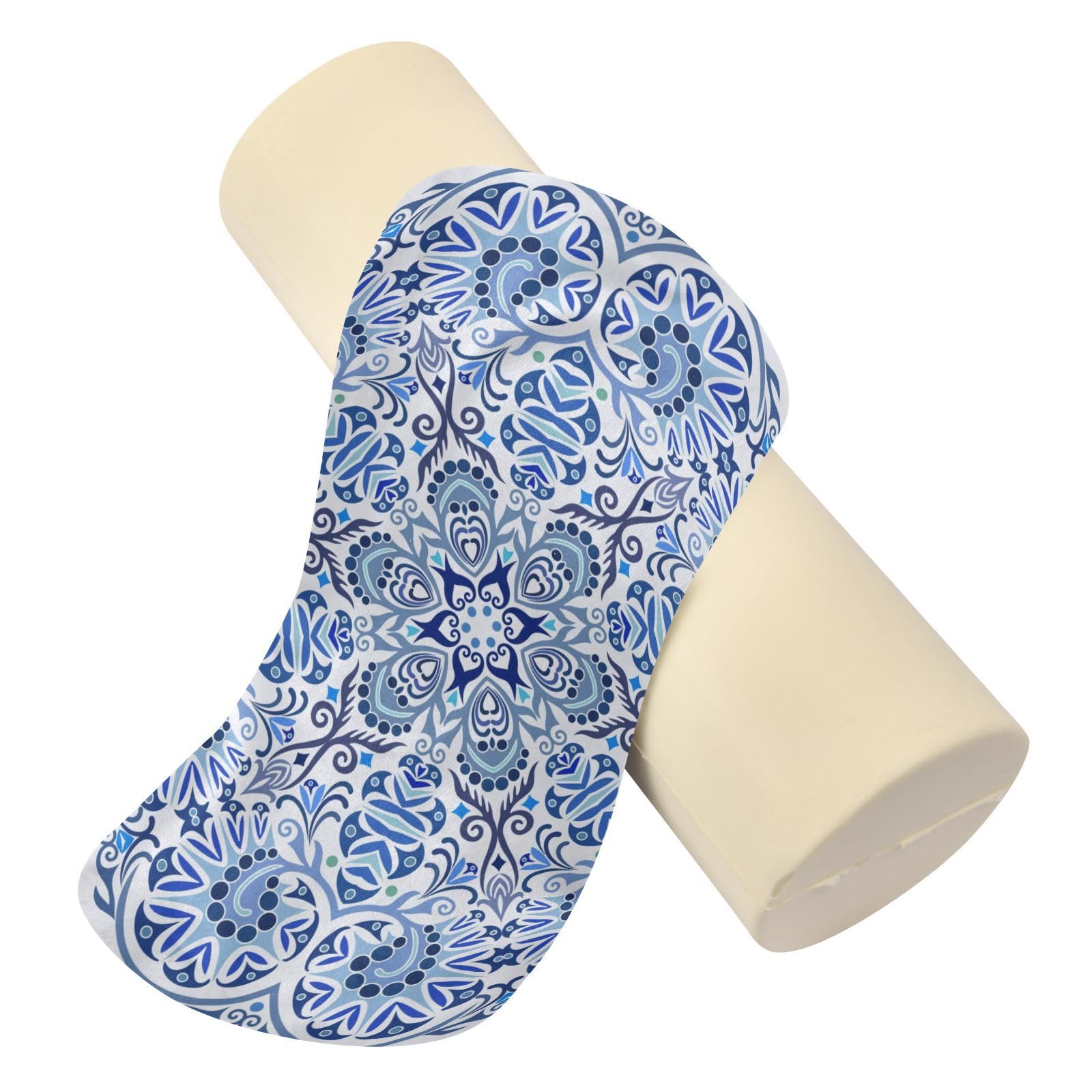 xigua Blue Decorative Floral Neck Roll Pillow for Neck Relief with Removable Washable Cover - Memory Foam Round Cylinder Bolster, Ergonomically Designed for Head, Neck, Back, and Legs