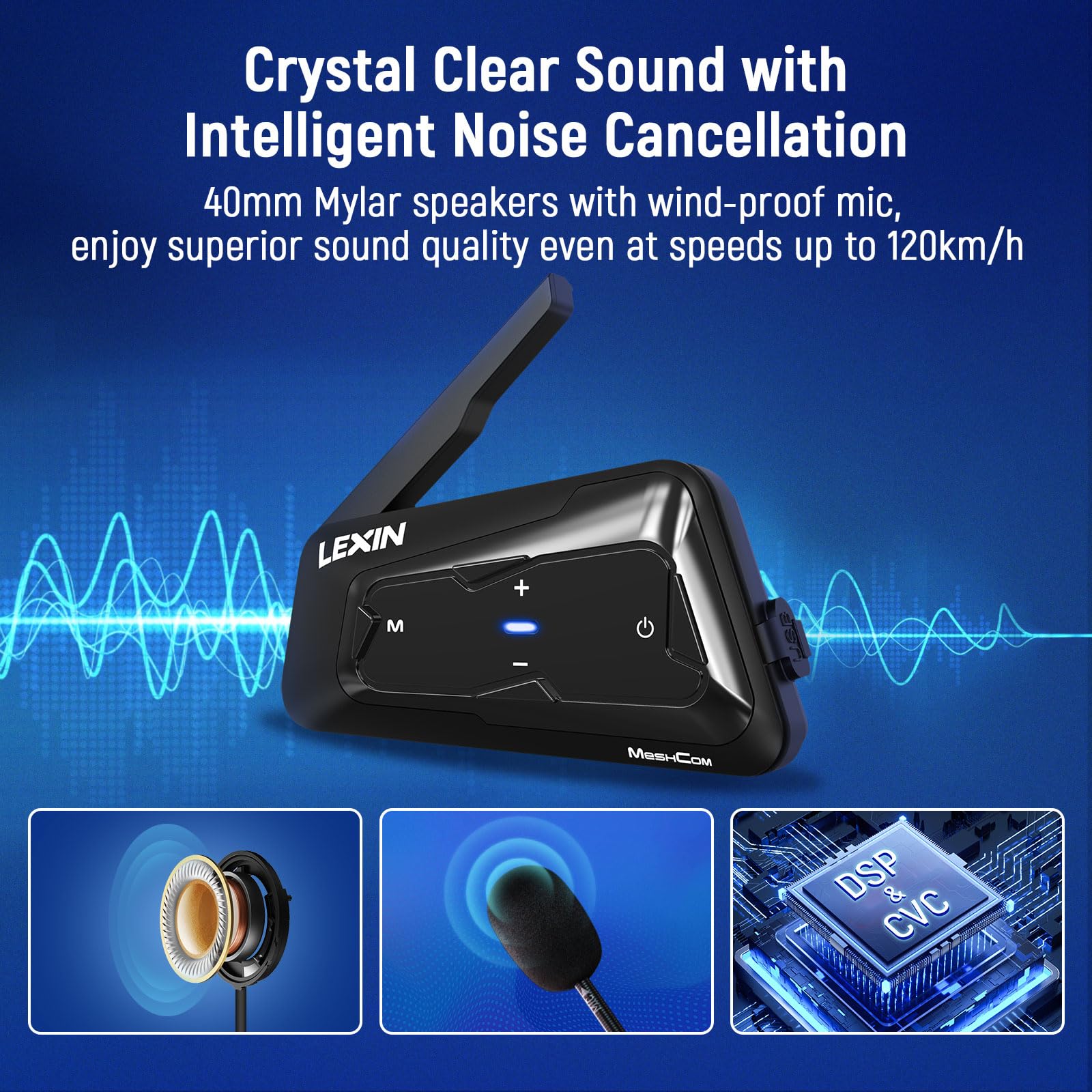 LEXIN MeshCom Motorcycle Bluetooth Headset, Mesh Group Helmet Communication System, Support Audio Multitasking/Music Sharing/Loud Speakers/IP67 Waterproof/Voice Assistant/FM Radio, Dual Pack