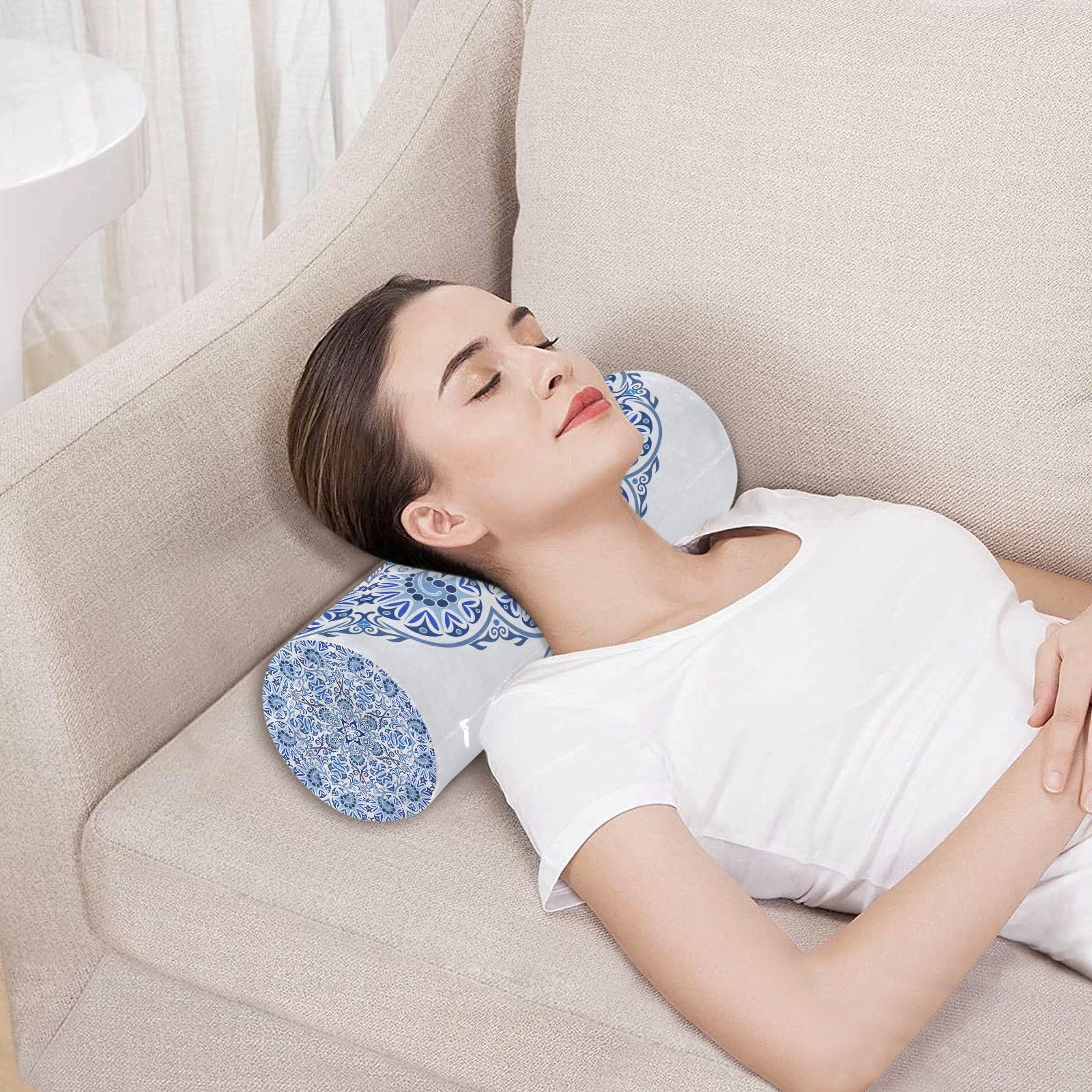 xigua Blue Decorative Floral Neck Roll Pillow for Neck Relief with Removable Washable Cover - Memory Foam Round Cylinder Bolster, Ergonomically Designed for Head, Neck, Back, and Legs