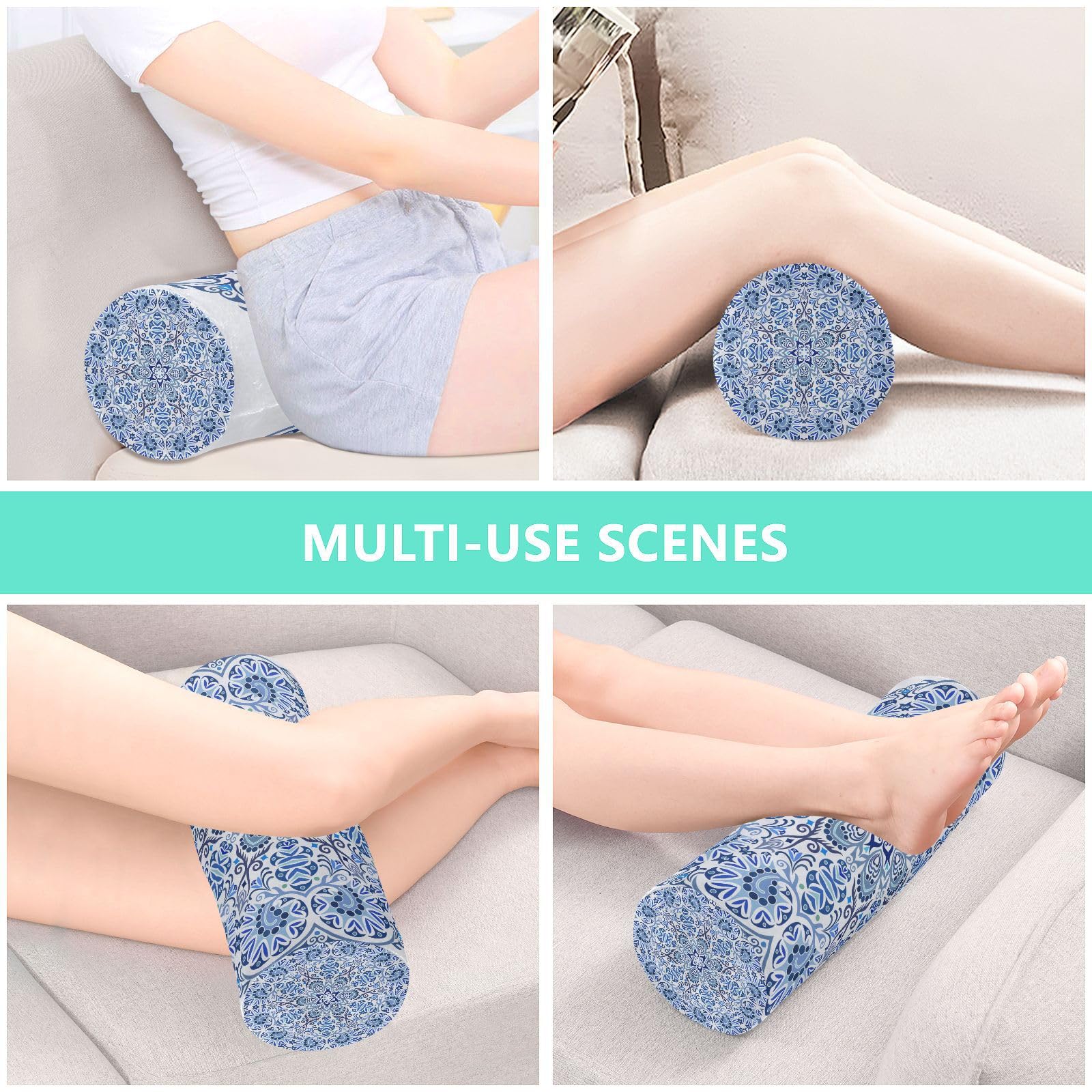 xigua Blue Decorative Floral Neck Roll Pillow for Neck Relief with Removable Washable Cover - Memory Foam Round Cylinder Bolster, Ergonomically Designed for Head, Neck, Back, and Legs