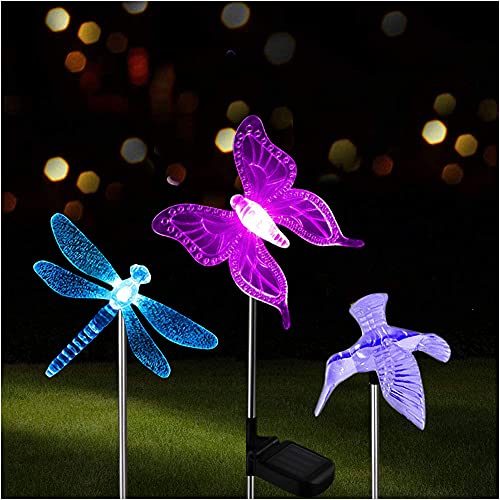 Outdoor Solar Garden Stake Light 3 Pack- Color Changing LED Stake Lamp In-ground Landscaping Lights for Garden Patio Yard Lawn Pathway Flower Bed Decorations Figurine Butterfly Dragonfly Hummingbird