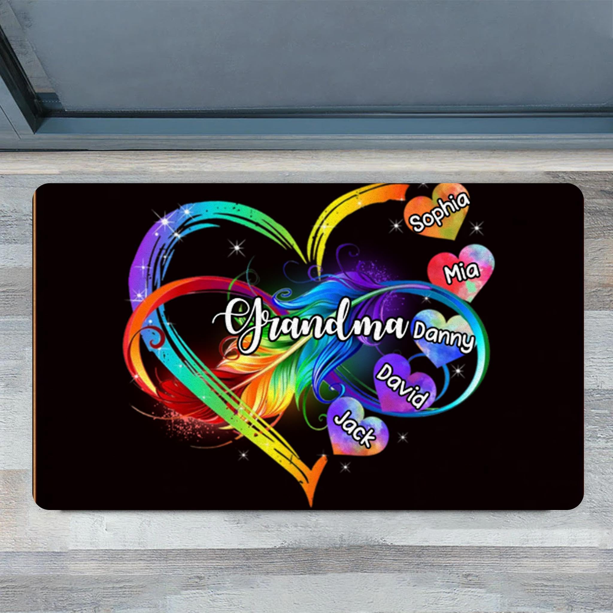 Gifts for Grandparents, Colorful Heart Feather, Personalized Front Doormat, Gifts for Grandmother Nana from Grandson Granddaughter, Outdoor Indoor Welcome Mat, Gifts for Christmas Xmas