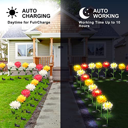 12 Pcs Solar Flower Lights Waterproof Garden Outdoor Chrysanthemum Lights Led Decorative Flowers Stake Light for Home Backyard Pathway Patio Yard Walkway Porch Fences Decorations, Yellow Red White