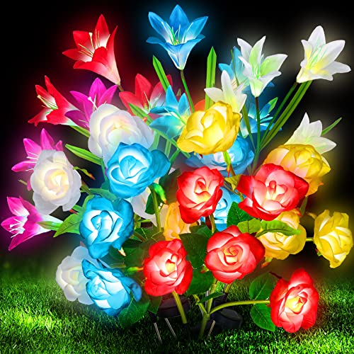 8 Pcs Solar Flowers Lights 7 Color Changing Solar Lights Outdoor Garden Waterproof Solar Flowers Lights Outside Decorative Decor 4 Lily Flowers and 4 Rose Flower for Yard Patio Party