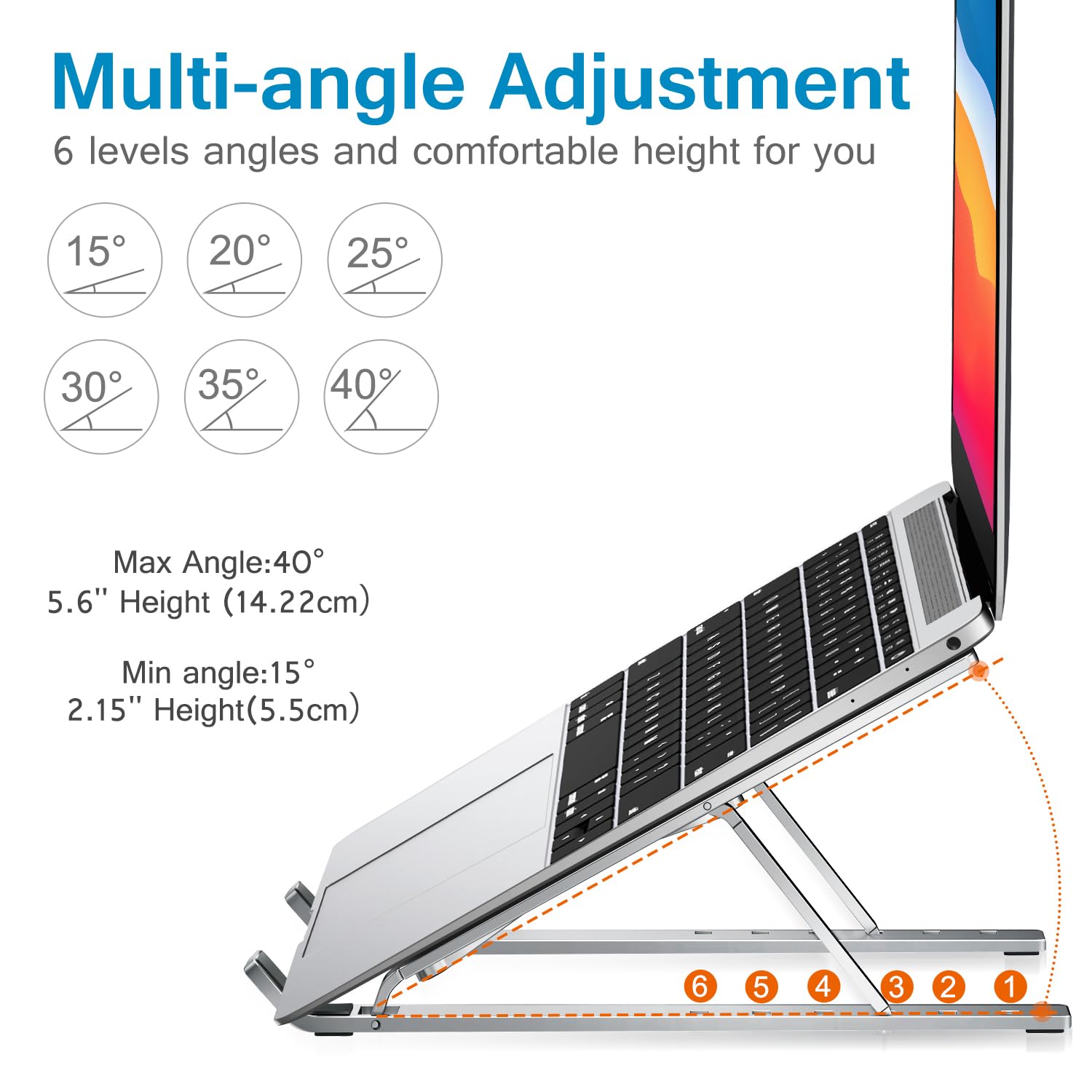 ivoler Laptop Stand, Laptop Holder Riser Computer Tablet Stand, 6 Angles Adjustable Aluminum Ergonomic Foldable Portable Desktop Holder Compatible with MacBook,iPad, HP, Dell, Lenovo 10-15.6” Silver