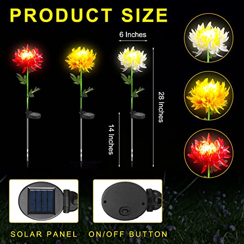 12 Pcs Solar Flower Lights Waterproof Garden Outdoor Chrysanthemum Lights Led Decorative Flowers Stake Light for Home Backyard Pathway Patio Yard Walkway Porch Fences Decorations, Yellow Red White