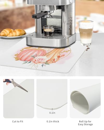 Coffee Mat for Counter, Happy Fall Thanksgiving Pink Pumpkin with Rose Absorbent Hide Stain Coffee Bar Mat, Non-slip Coffee Bar Accessories Kitchen Drying Mat Fit Under Coffee Maker Espresso Machine