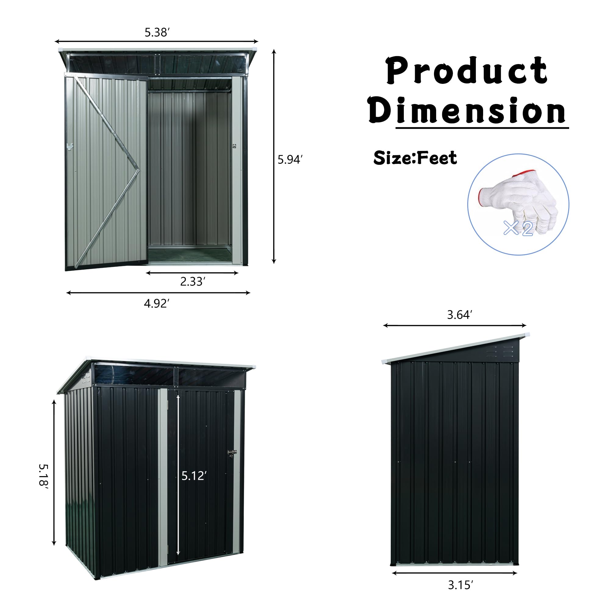 Storage Shed, 5X 3FT Outdoor Storage Shed,with Hinged Door Padlock Utility Tool Shed Storage House, for Backyard Garden Patio Lawn (Black)