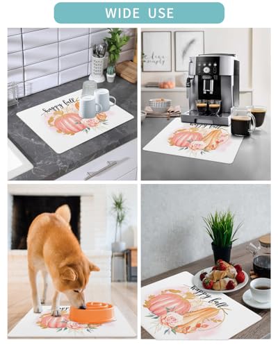 Coffee Mat for Counter, Happy Fall Thanksgiving Pink Pumpkin with Rose Absorbent Hide Stain Coffee Bar Mat, Non-slip Coffee Bar Accessories Kitchen Drying Mat Fit Under Coffee Maker Espresso Machine