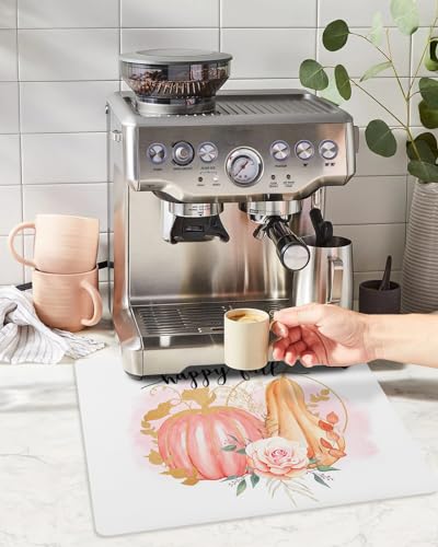 Coffee Mat for Counter, Happy Fall Thanksgiving Pink Pumpkin with Rose Absorbent Hide Stain Coffee Bar Mat, Non-slip Coffee Bar Accessories Kitchen Drying Mat Fit Under Coffee Maker Espresso Machine