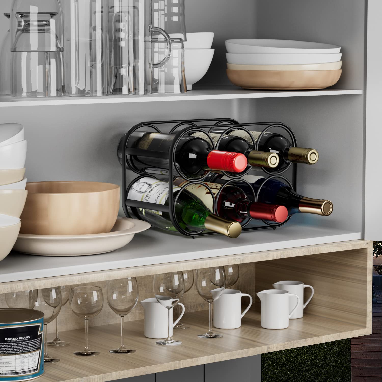 Buruis 6 Bottle Countertop Wine Rack - Wine Holder for Red White Wine Storage - Freestanding Metal Wine Rack - Modern Tabletop Bottle Holder - Black