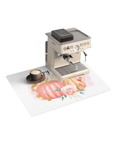 Coffee Mat for Counter, Happy Fall Thanksgiving Pink Pumpkin with Rose Absorbent Hide Stain Coffee Bar Mat, Non-slip Coffee Bar Accessories Kitchen Drying Mat Fit Under Coffee Maker Espresso Machine
