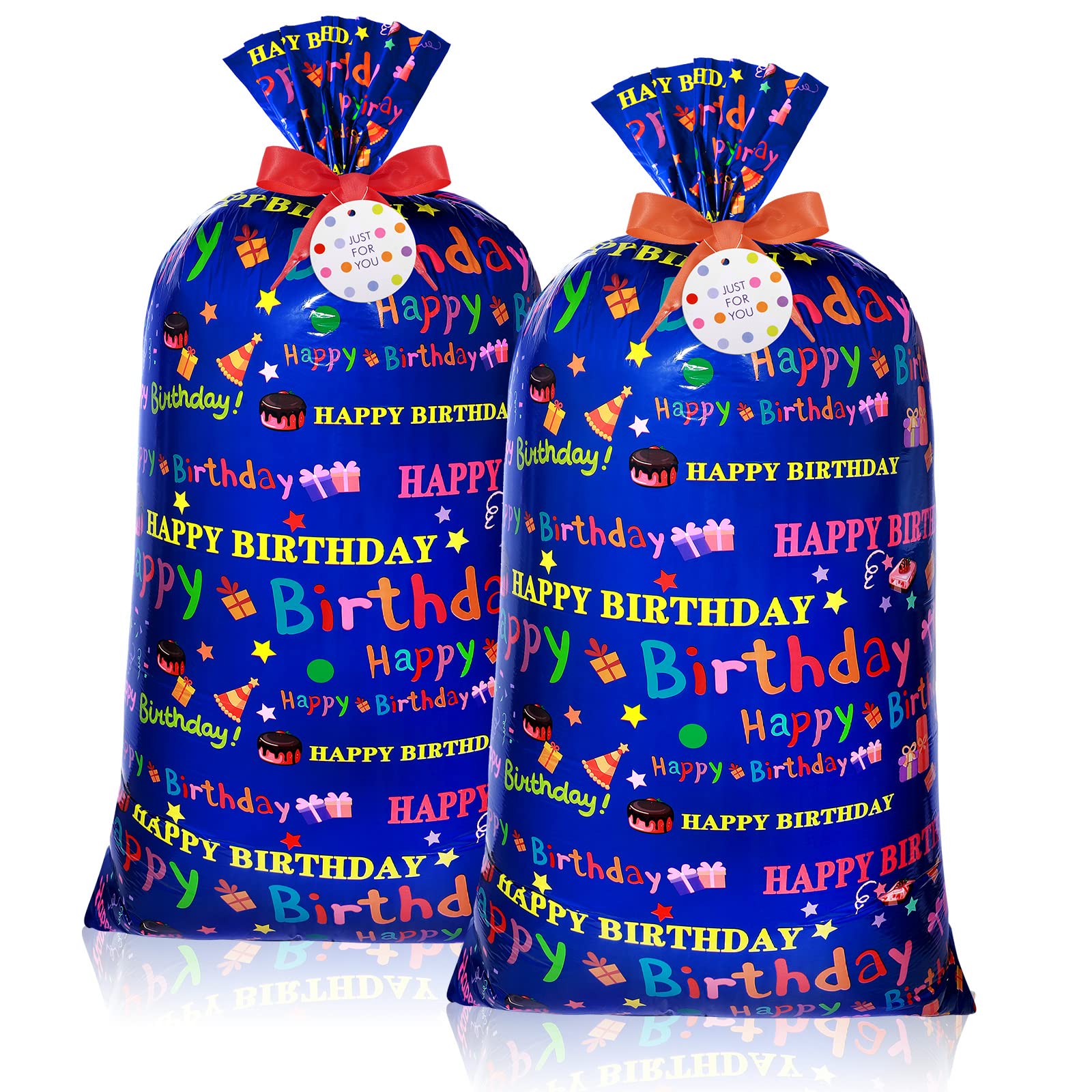 2 Pcs 70 x 40 Inch Jumbo Gift Bags, Extra Large Plastic Present Bag, Giant Gift Wrapping Bags with 2 Cord Tie and 2 Gift Tags for Baby Shower Birthday New Year Holiday Party Supplies (Birthday Style)
