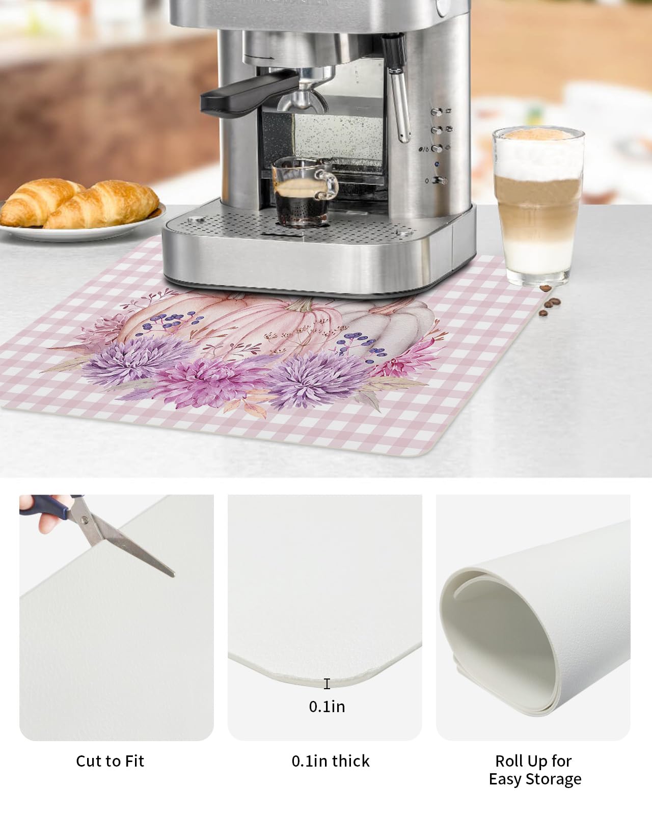 Coffee Mat for Counter, Hello Autumn Thanksgiving Pumpkins Pink Plaid Absorbent Hide Stain Coffee Bar Mat, Non-slip Coffee Bar Accessories Kitchen Drying Mat Fit Under Coffee Maker Espresso Machine