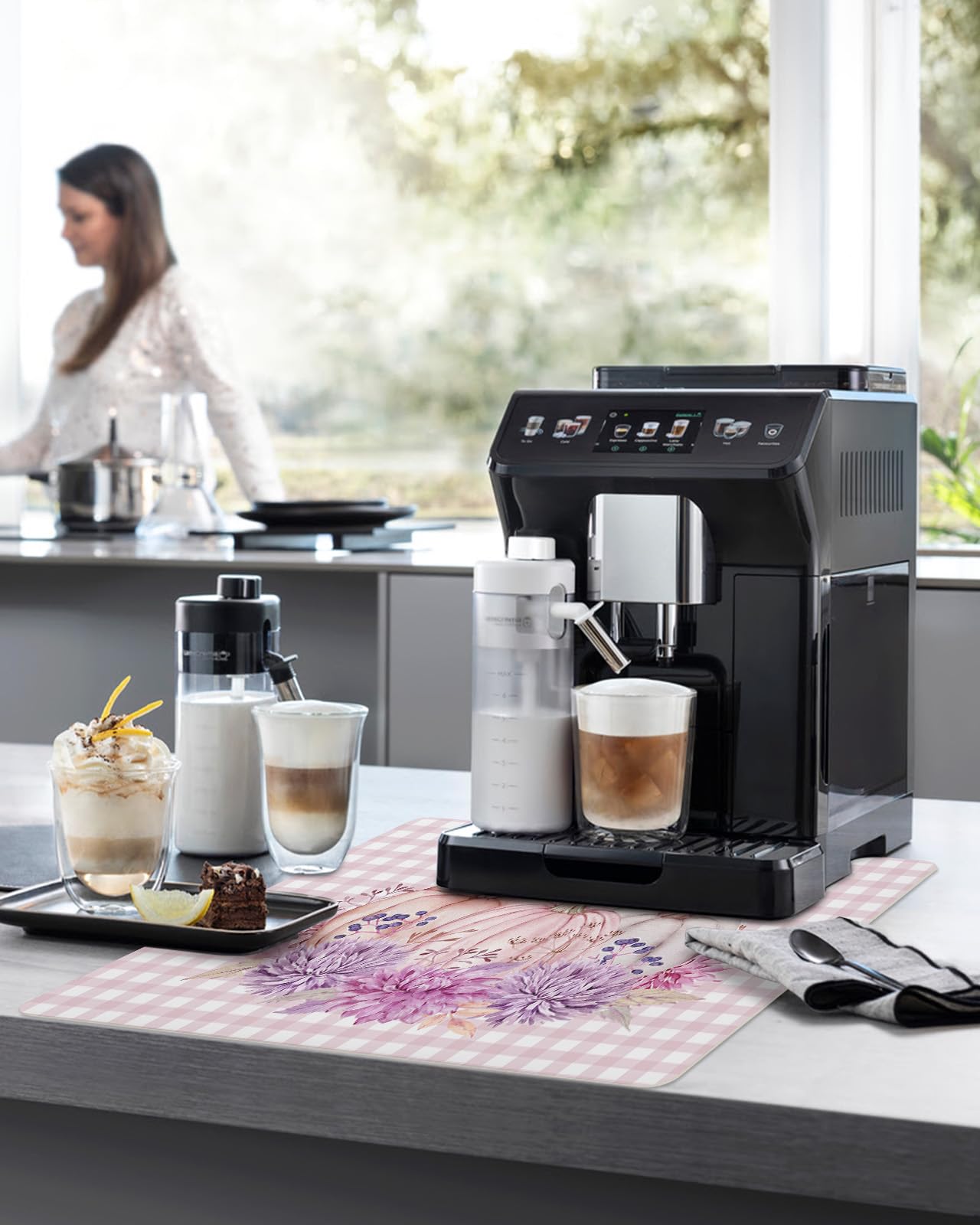 Coffee Mat for Counter, Hello Autumn Thanksgiving Pumpkins Pink Plaid Absorbent Hide Stain Coffee Bar Mat, Non-slip Coffee Bar Accessories Kitchen Drying Mat Fit Under Coffee Maker Espresso Machine
