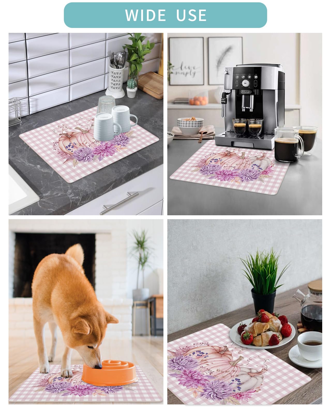 Coffee Mat for Counter, Hello Autumn Thanksgiving Pumpkins Pink Plaid Absorbent Hide Stain Coffee Bar Mat, Non-slip Coffee Bar Accessories Kitchen Drying Mat Fit Under Coffee Maker Espresso Machine