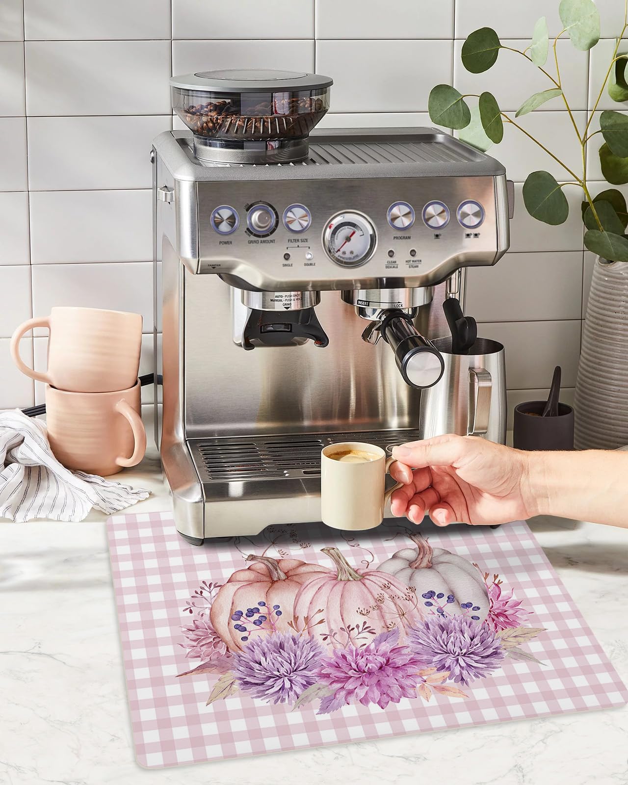 Coffee Mat for Counter, Hello Autumn Thanksgiving Pumpkins Pink Plaid Absorbent Hide Stain Coffee Bar Mat, Non-slip Coffee Bar Accessories Kitchen Drying Mat Fit Under Coffee Maker Espresso Machine